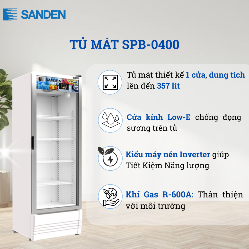 Tủ mát 1 Cánh Inverter Sanden 357 Lít SPB-0400 - Sanden Intercool